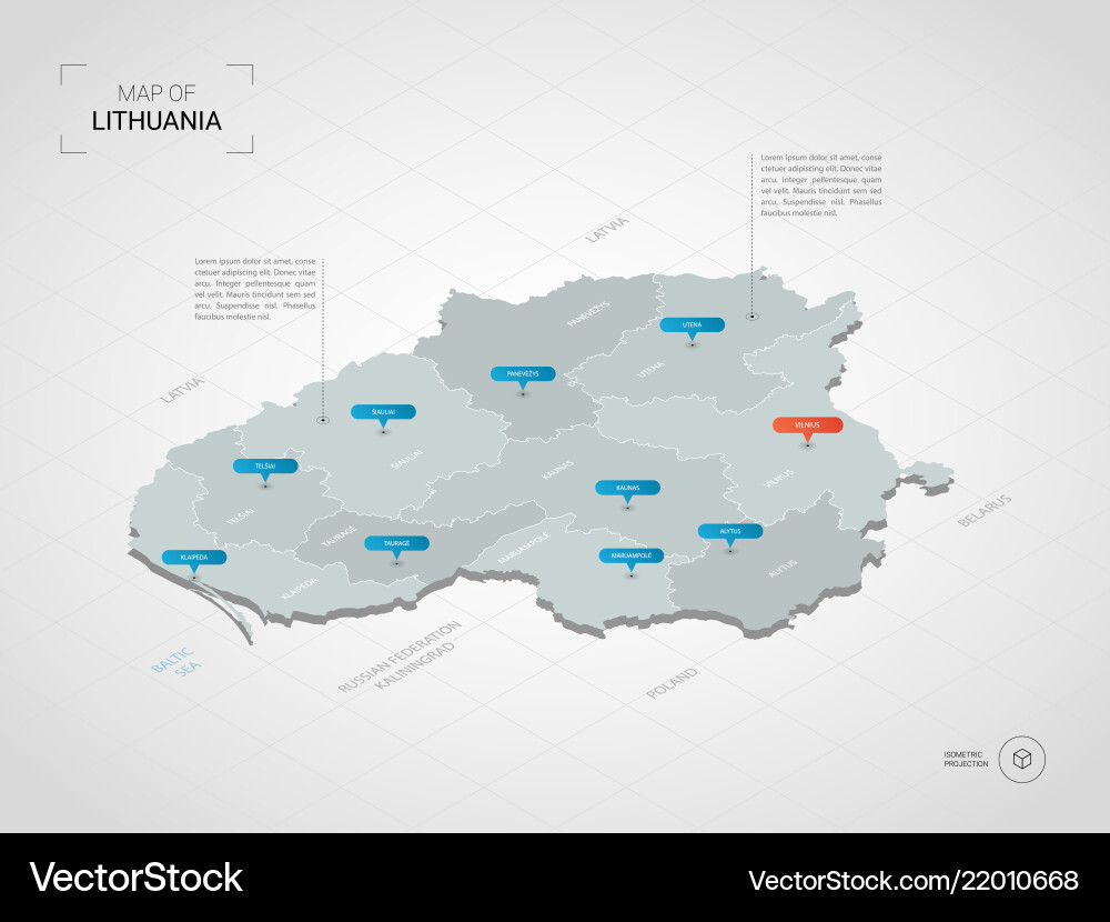 Isometric lithuania map with city names Royalty Free Vector