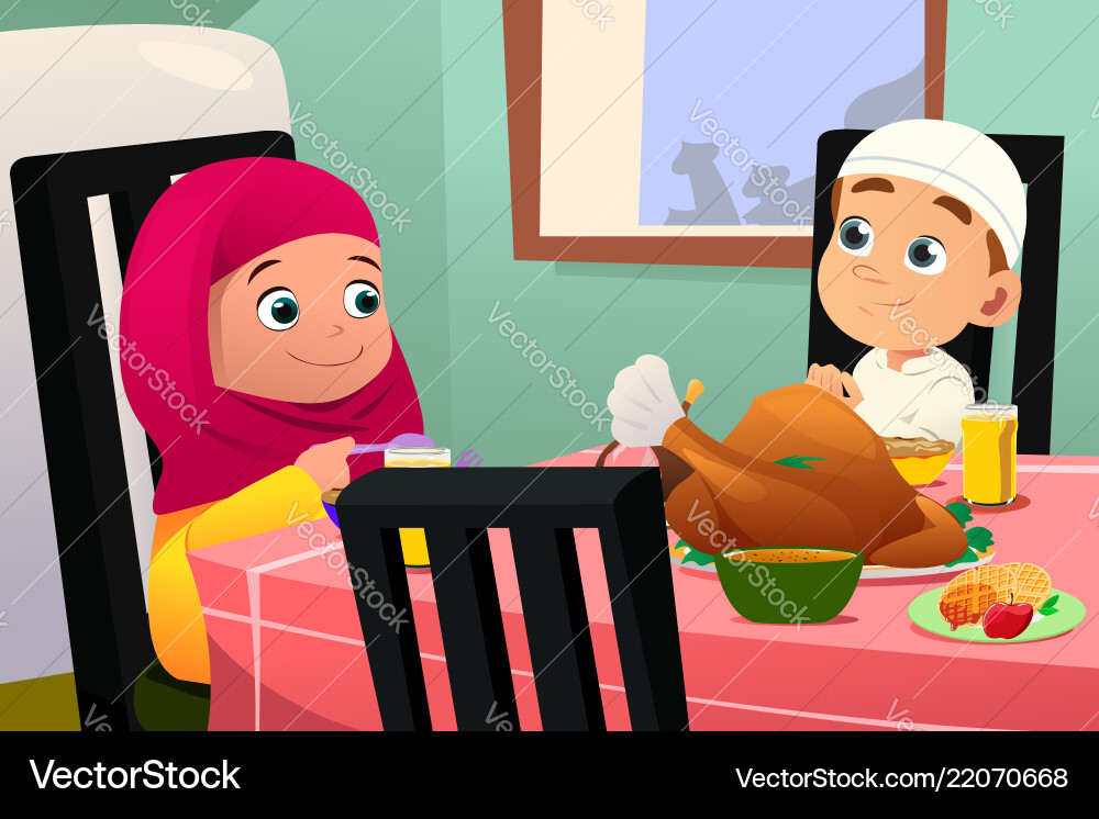 Muslim children eating at dining table Royalty Free Vector