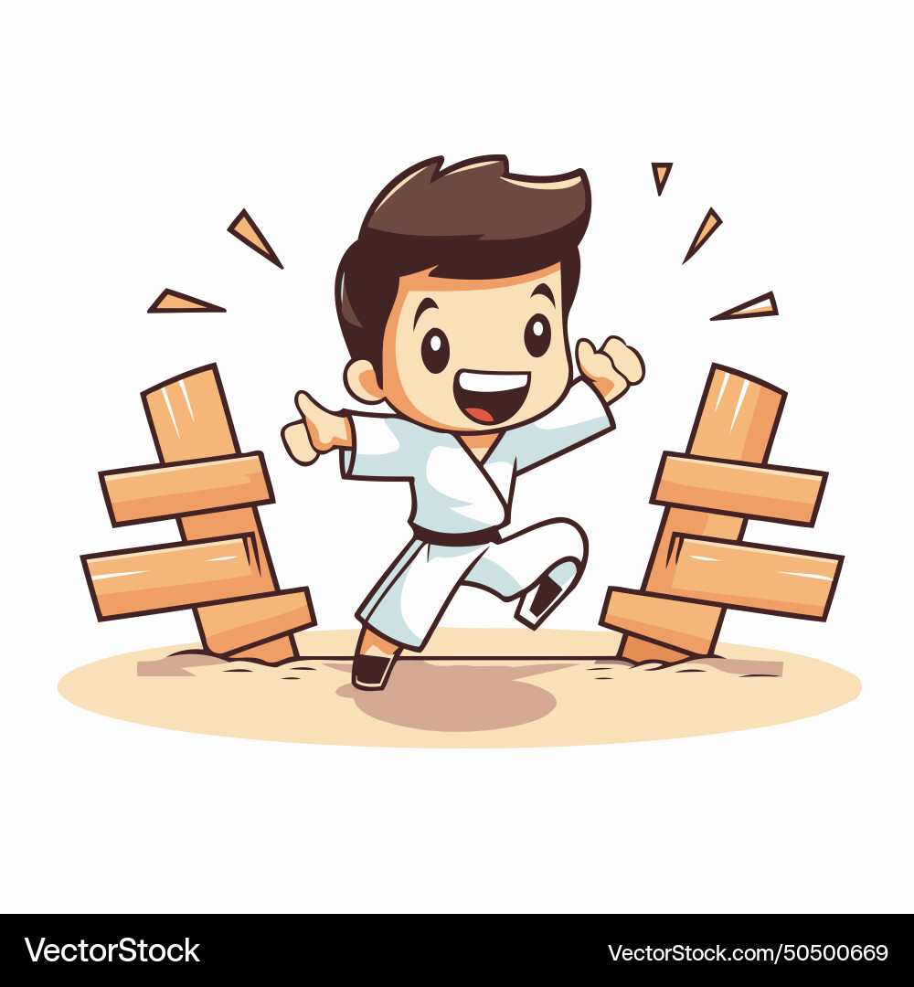 Cartoon boy in kimono doing karate Royalty Free Vector Image