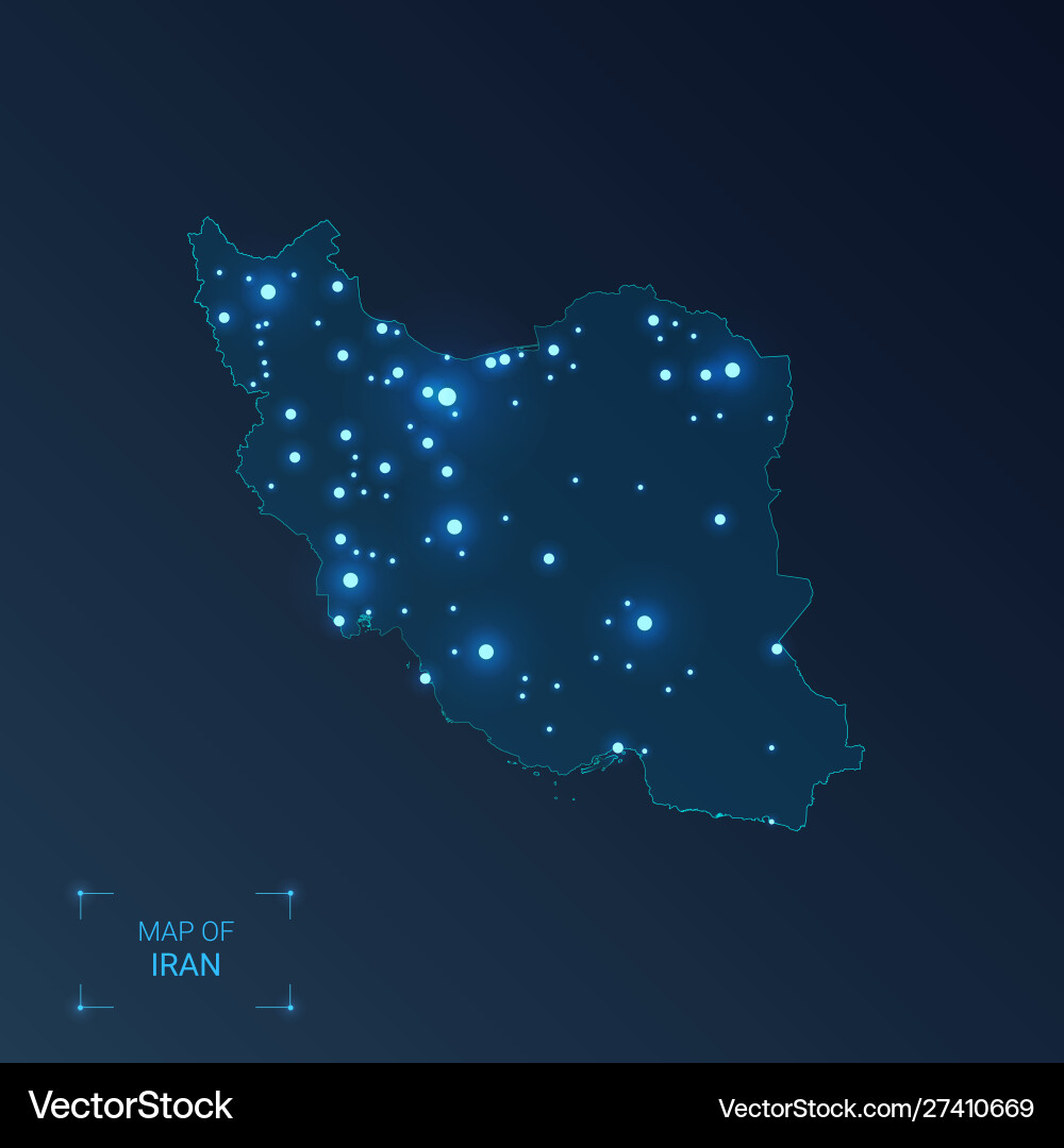 Iran map with cities luminous dots - neon lights Vector Image
