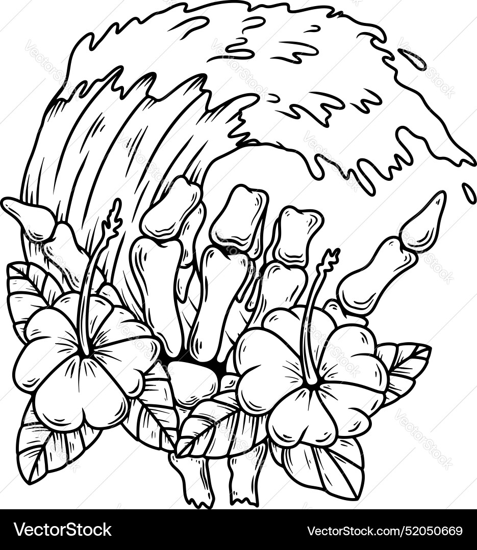 Skeleton hand with surfing wave and tropical Vector Image
