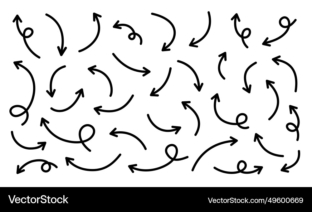 Thin curved arrows collection sketch Royalty Free Vector