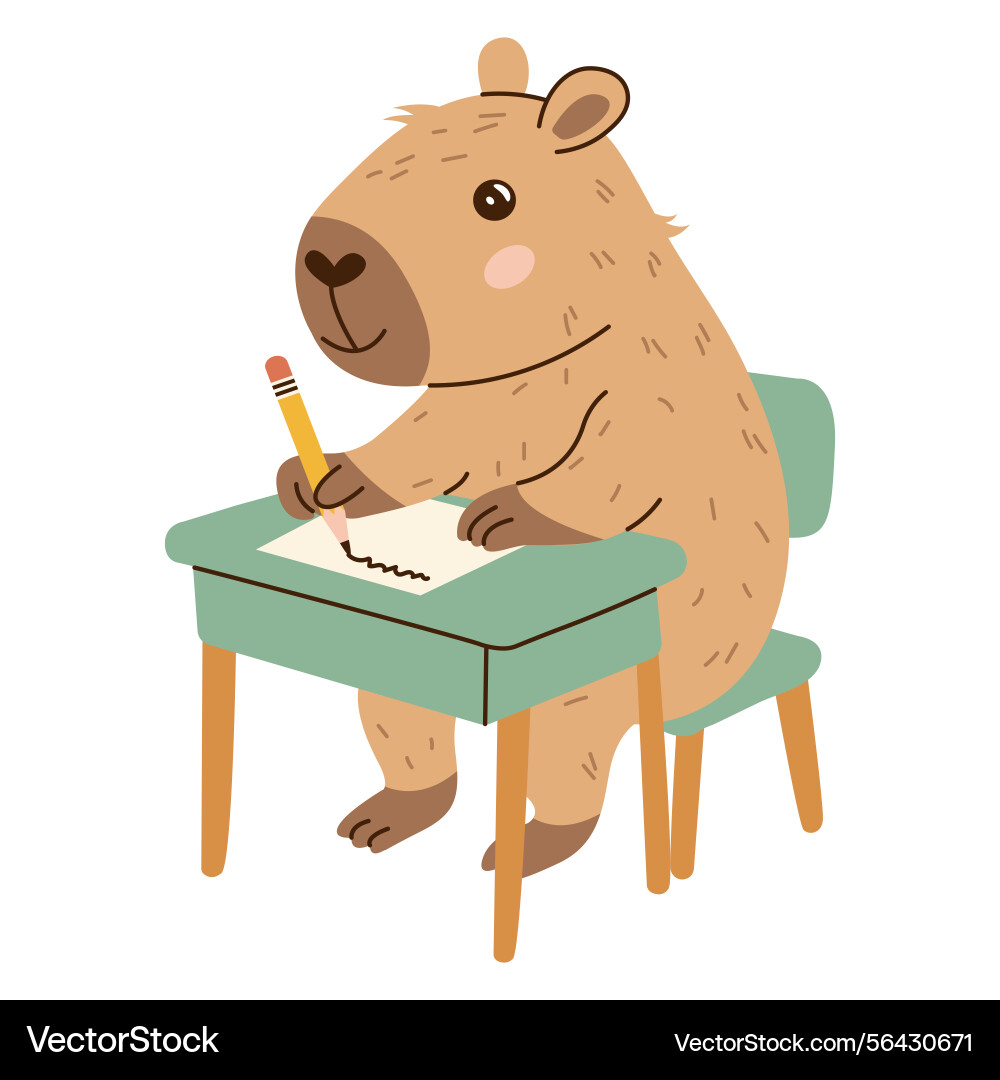Capybara writing at a school desk with pencil Vector Image