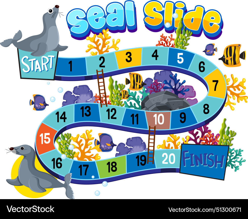 Colorful underwater themed board game with seals Vector Image