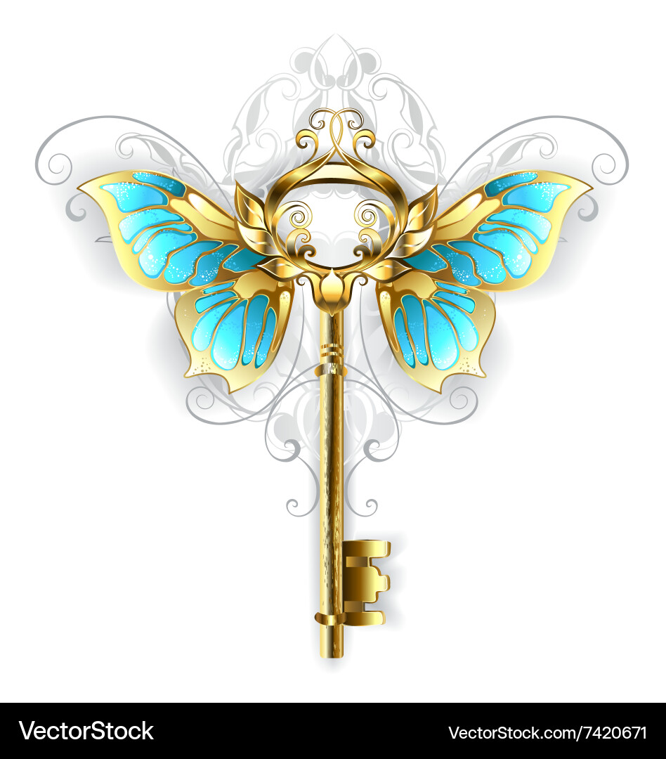 Golden key with butterfly wings Royalty Free Vector Image