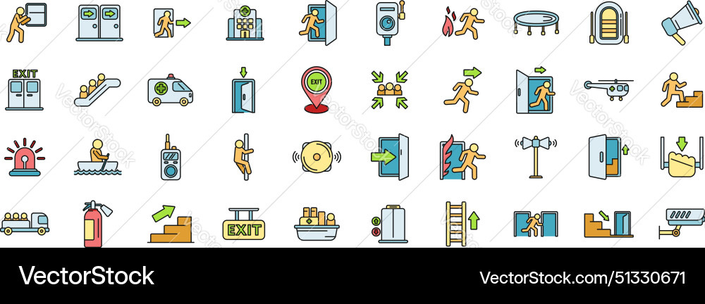 Human evacuation icons set color line Royalty Free Vector