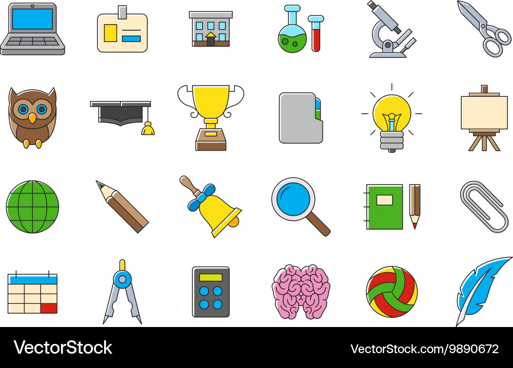 Bunte Schulelemente Icons Set Lizenzfreies Vektorbild