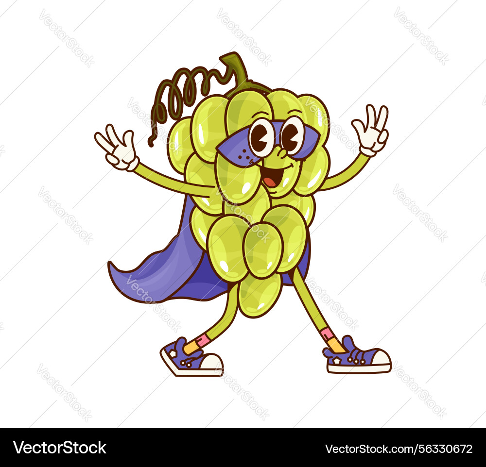 Groovy superhero grapes fruit in cape and mask Vector Image