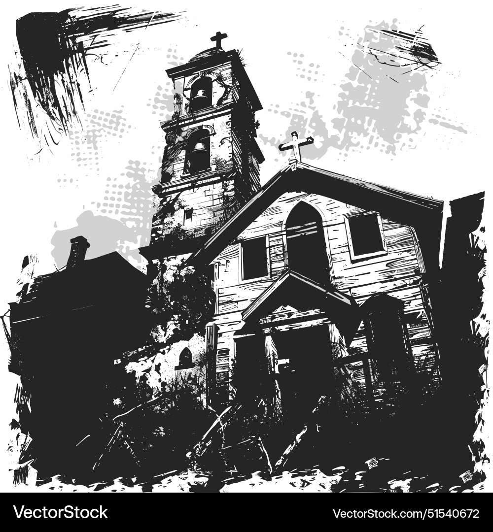 Grunge style black white church Royalty Free Vector Image