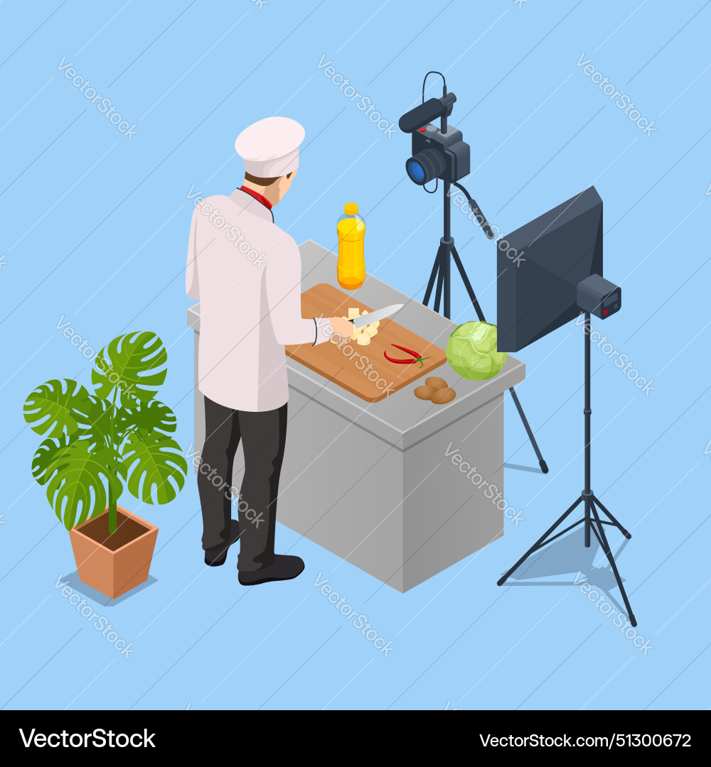 Isometric chef cook recording video on camera Vector Image