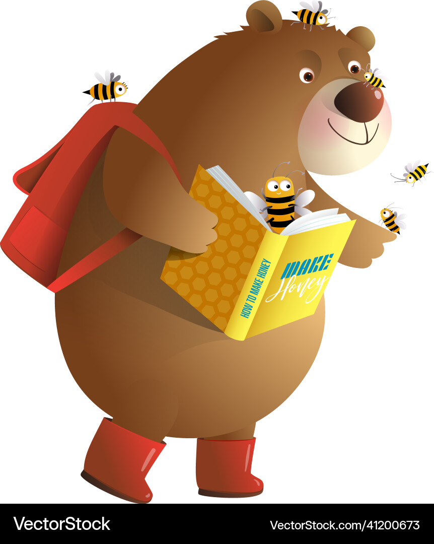Bear read and study a book with bees isolated clip