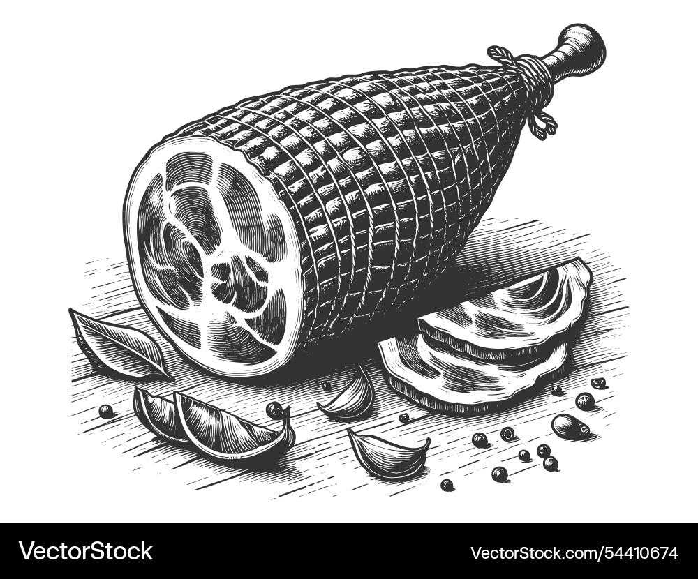 Cured ham with herbs and spices engraving Vector Image
