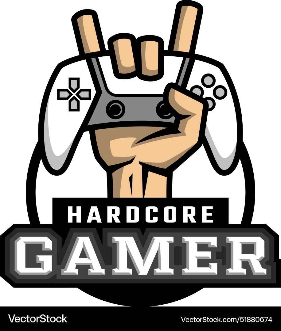 Hand holds the controller hardcore gamer logo Vector Image