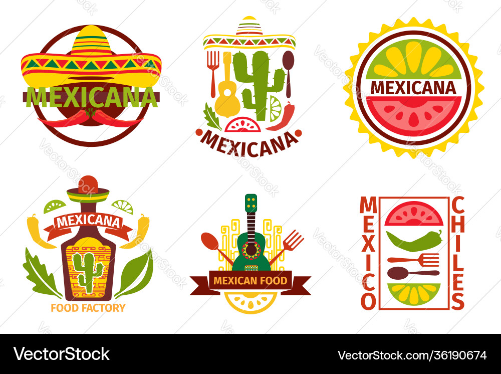 Mexican food logo labels emblems and badges set Vector Image