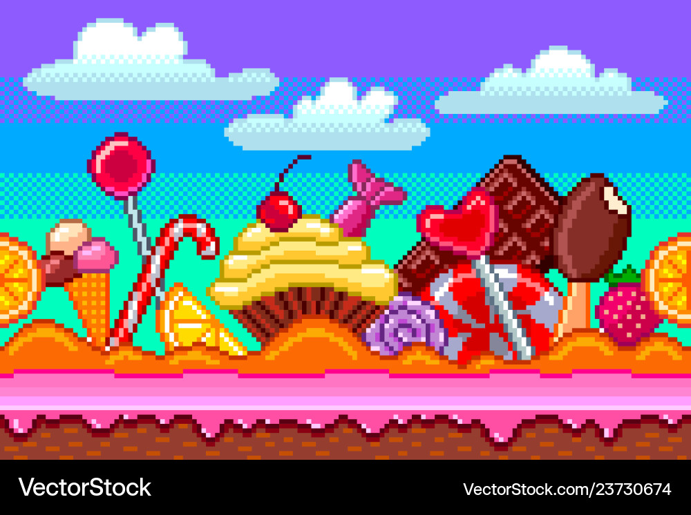 Pixel art sweets seamless background detailed Vector Image