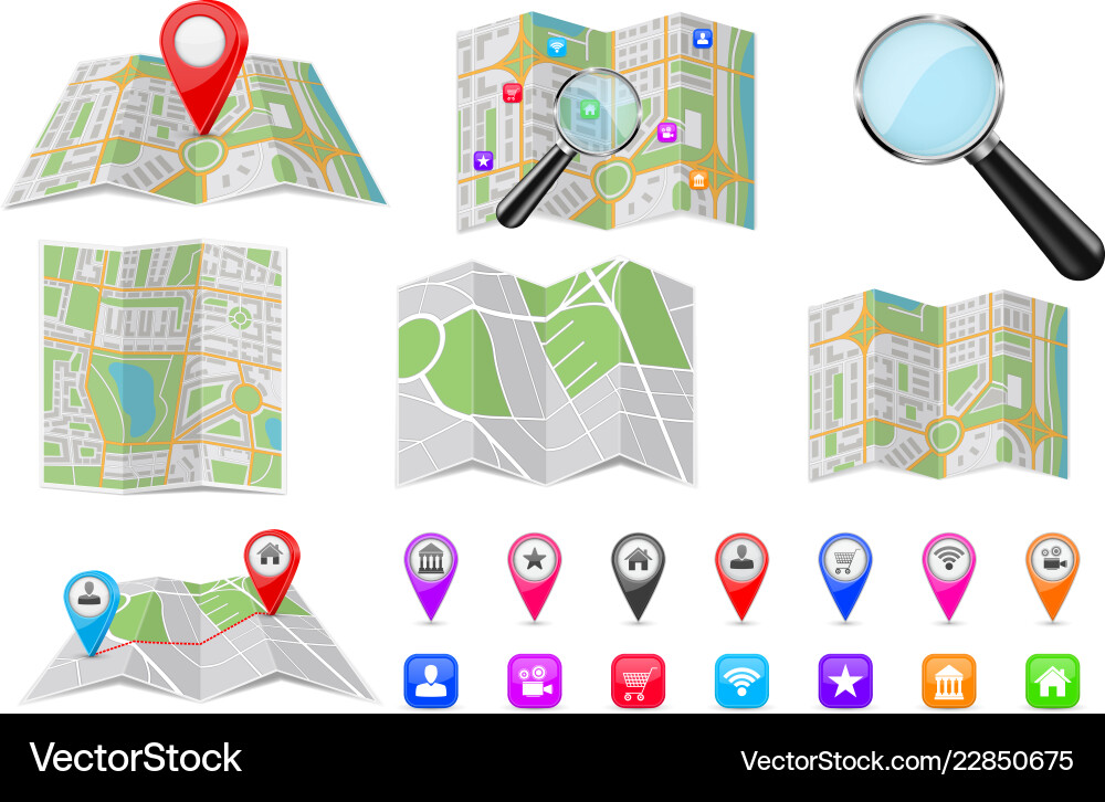Travel tools - city maps location markers Vector Image