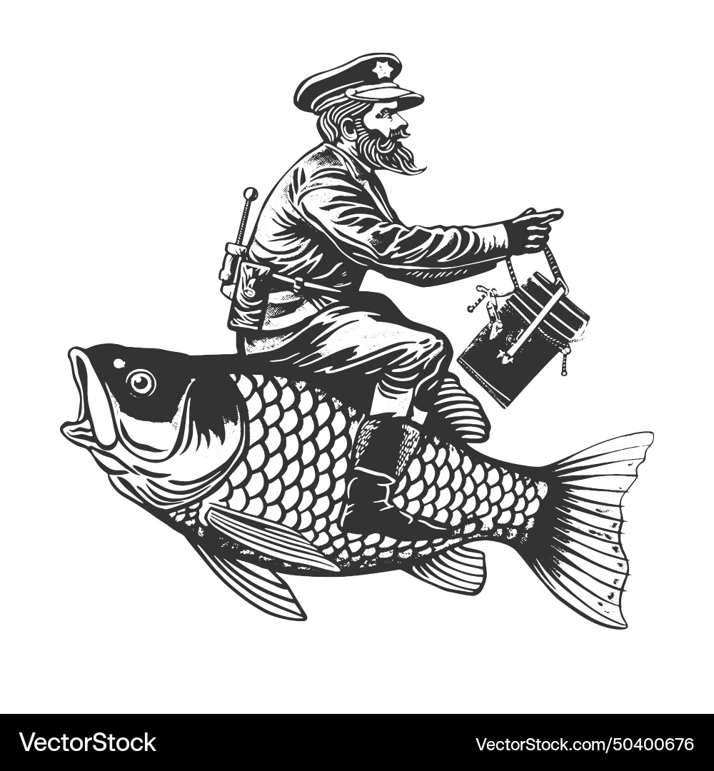 Fisherman captain riding fish sketch Royalty Free Vector