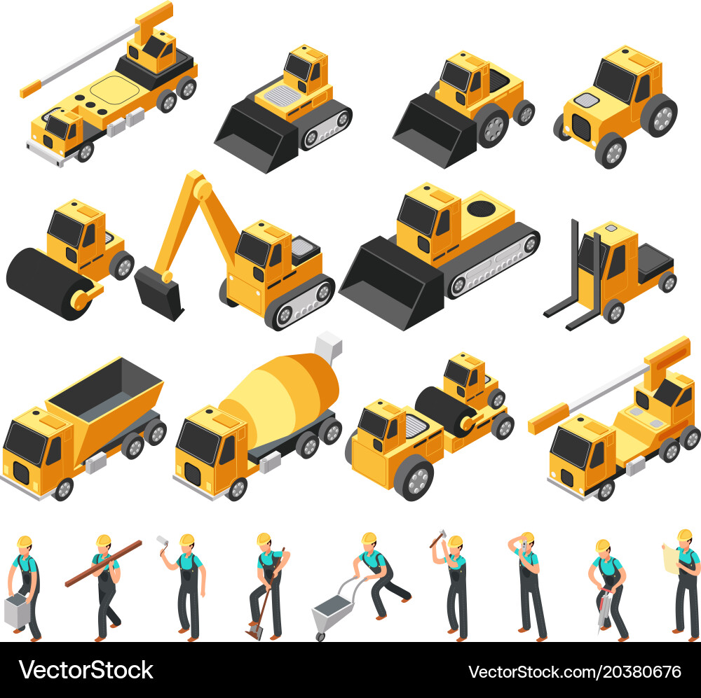 Isometric construction workers building machinery Vector Image
