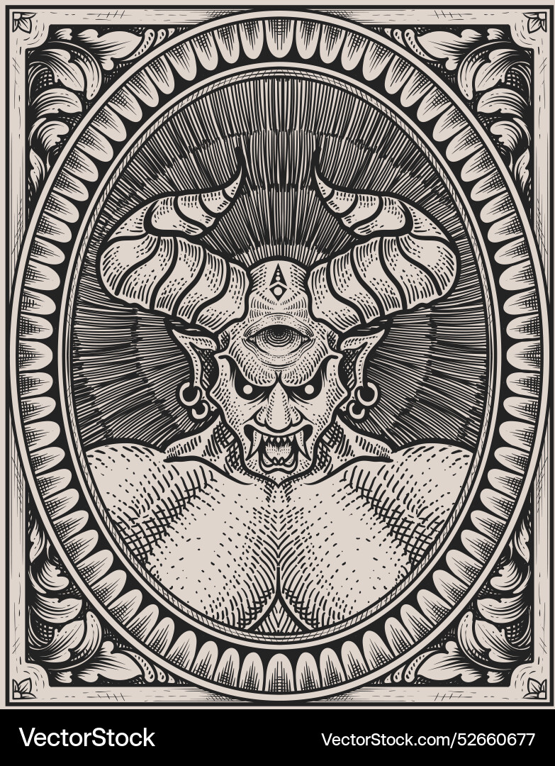 Badass demon with engraving ornament Royalty Free Vector