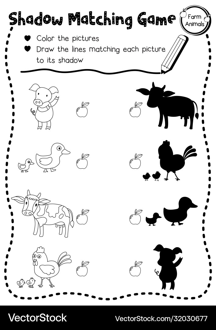 Shadow matching game farm animal coloring page Vector Image