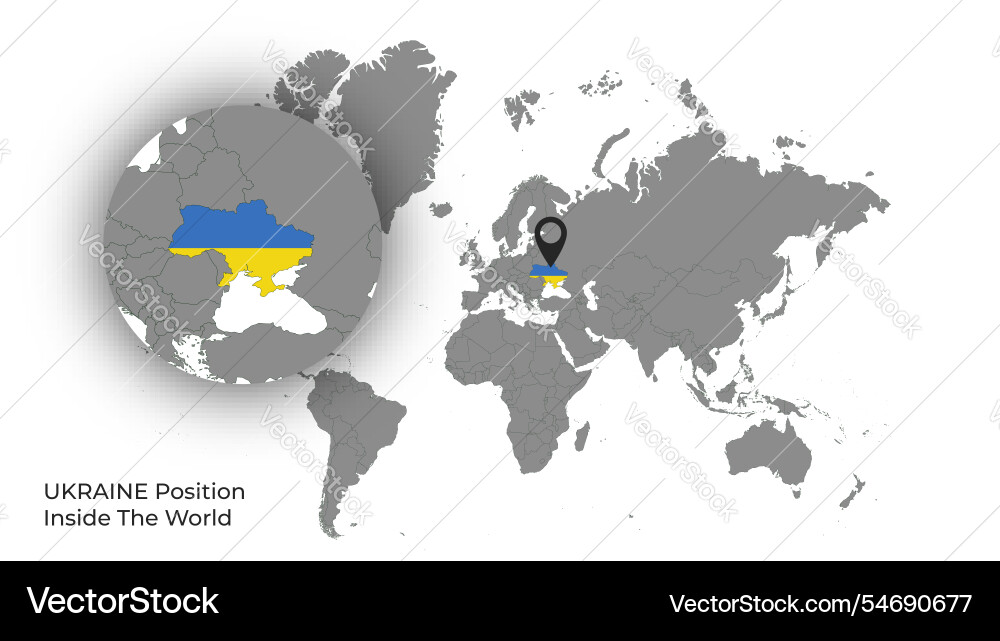 Ukraine position inside the world with flag in map