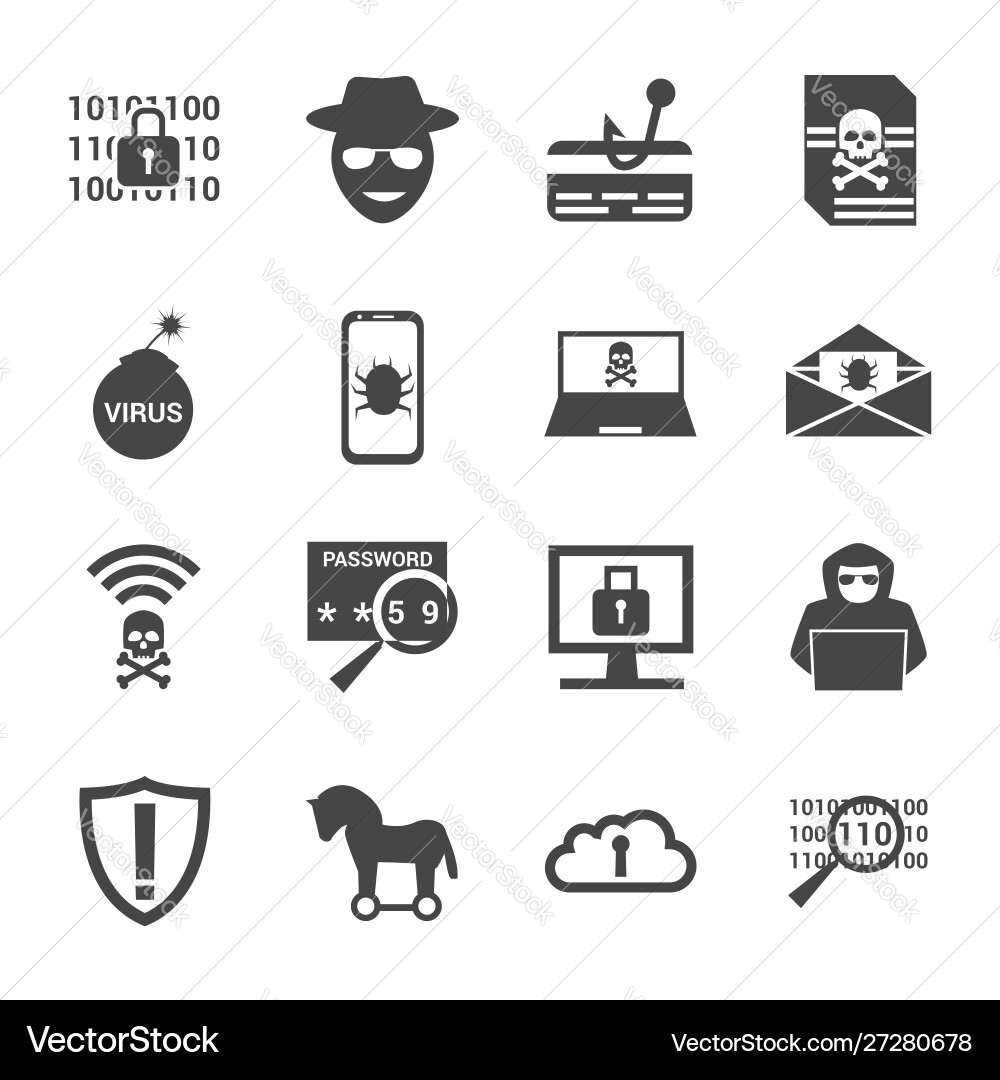 Cyber crime and attack icons set Royalty Free Vector Image