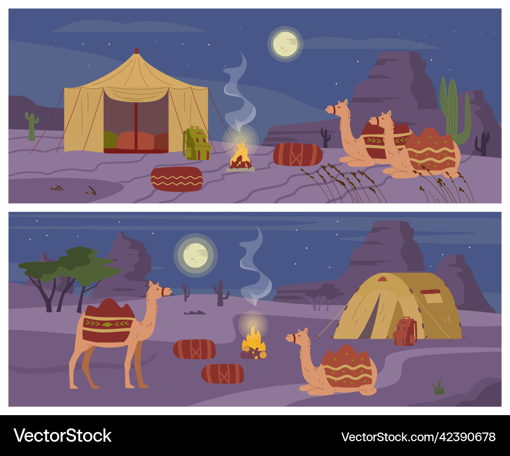 Desert camp at night cartoon Royalty Free Vector Image