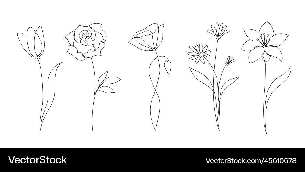 Flower set continuous outline style decoration Vector Image