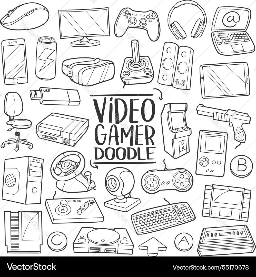 Video gamer doodle icons line art image Royalty Free Vector