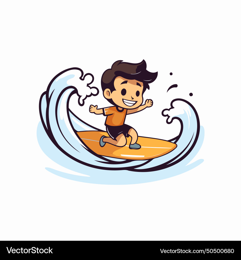 Cartoon boy surfing on a wave isolated white Vector Image