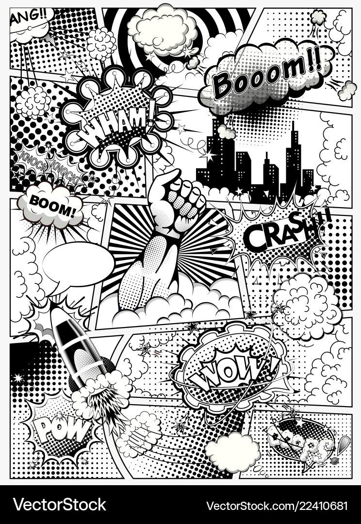 Black and white comic book page Royalty Free Vector Image