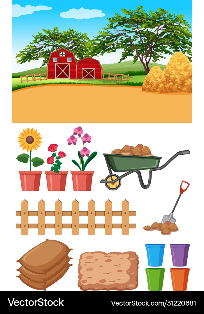 Farm scene with barns and other farming items Vector Image