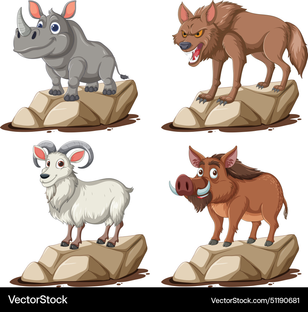 Four cartoon animals on individual rocks Vector Image