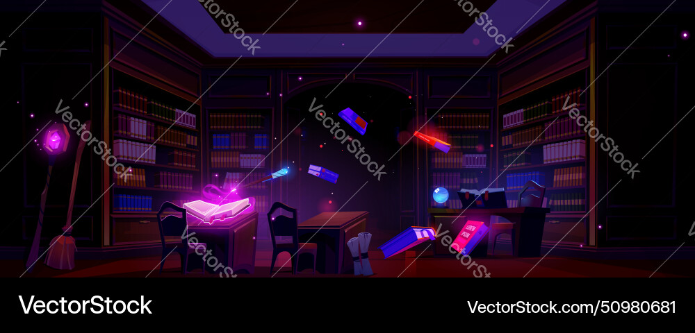 Magic library with flying glowing books Royalty Free Vector