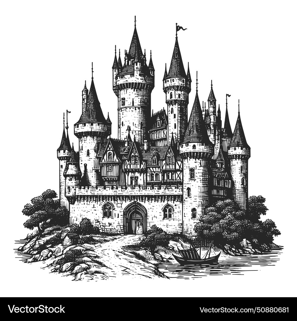 Medieval castle engraving Royalty Free Vector Image