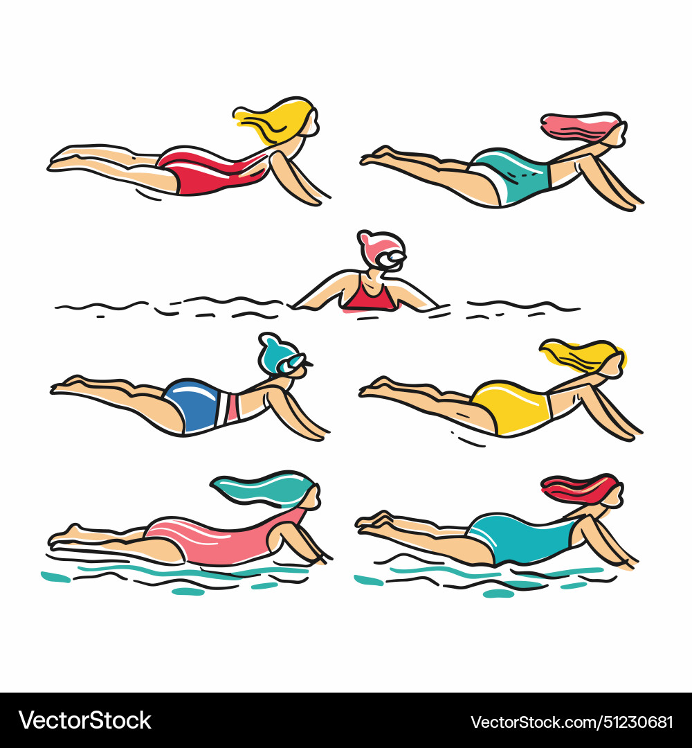Six female swimmers performing Royalty Free Vector Image