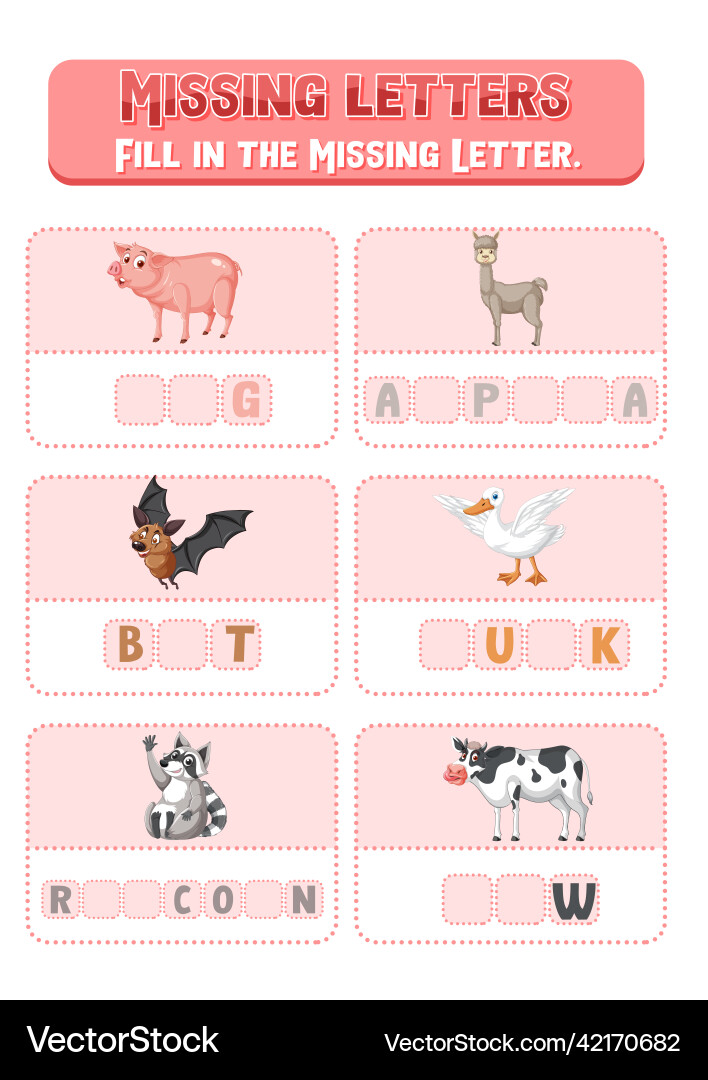 Fill the missing letter of each word worksheet Vector Image