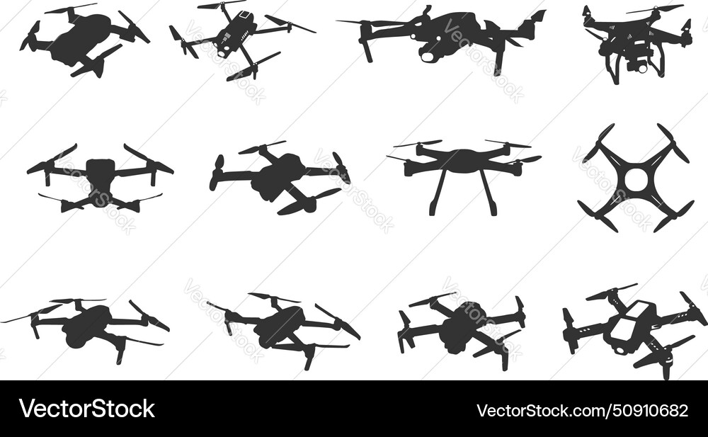 Flying drone silhouette silhouettes Royalty Free Vector