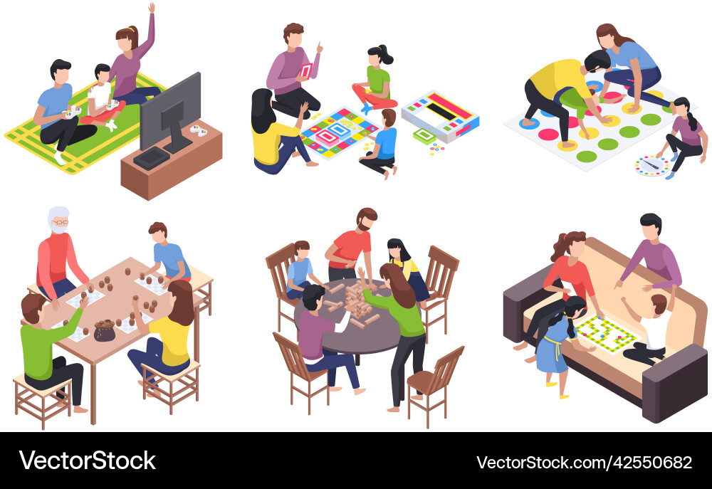 Glückliche Kinder spielen Brettspiel mit Eltern Vektorbild