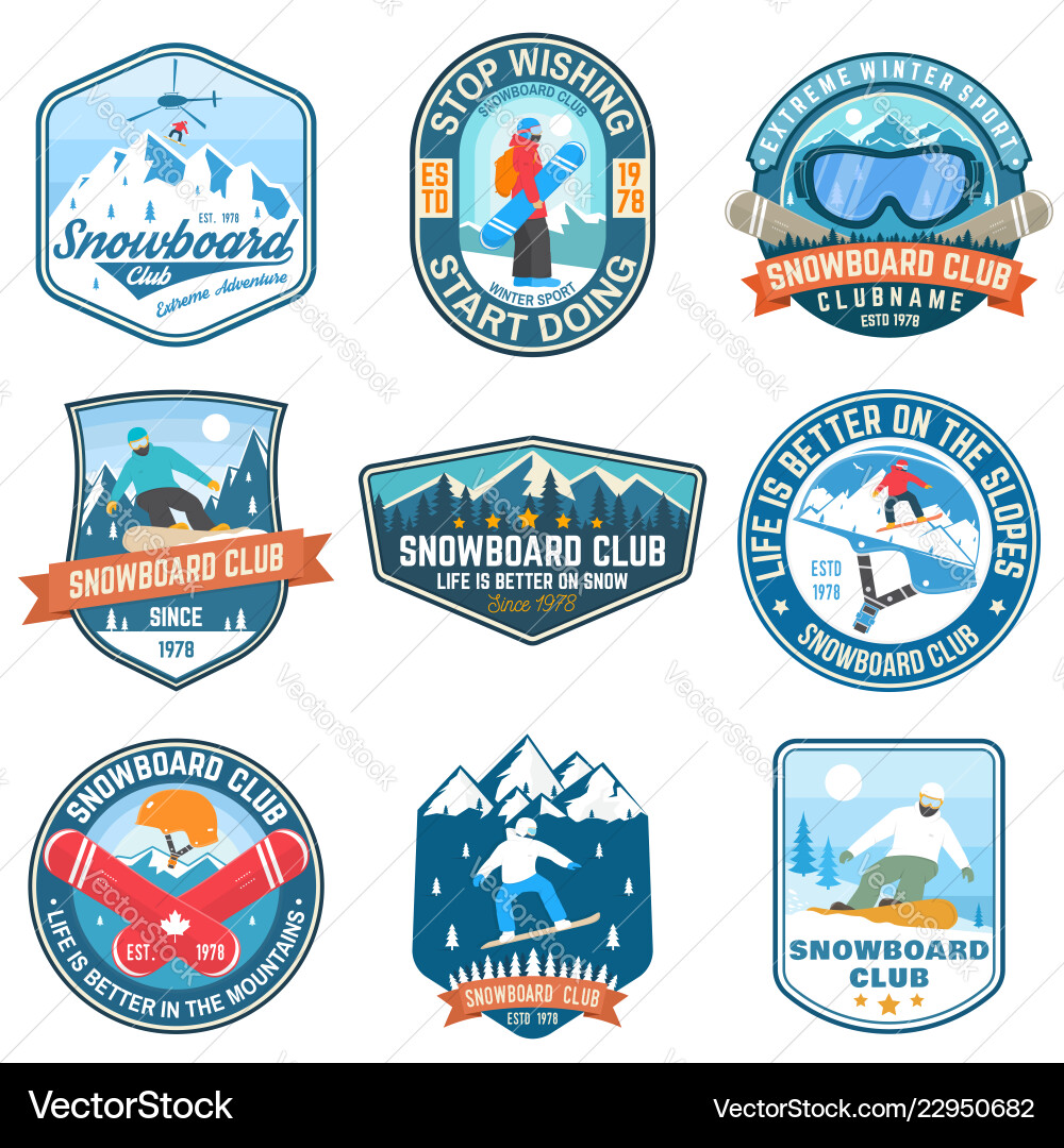 Set snowboard club patches concept Royalty Free Vector Image