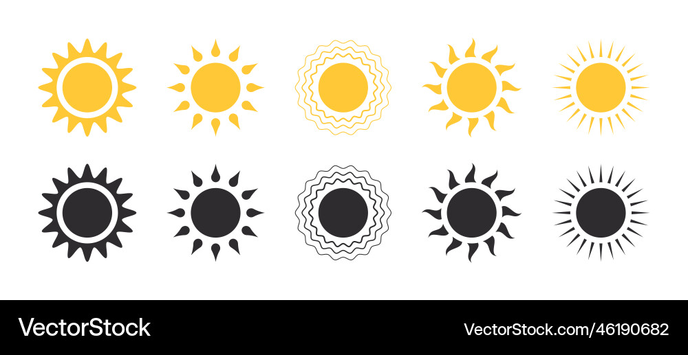 Yellow sun icon set stars sunlight signs Vector Image