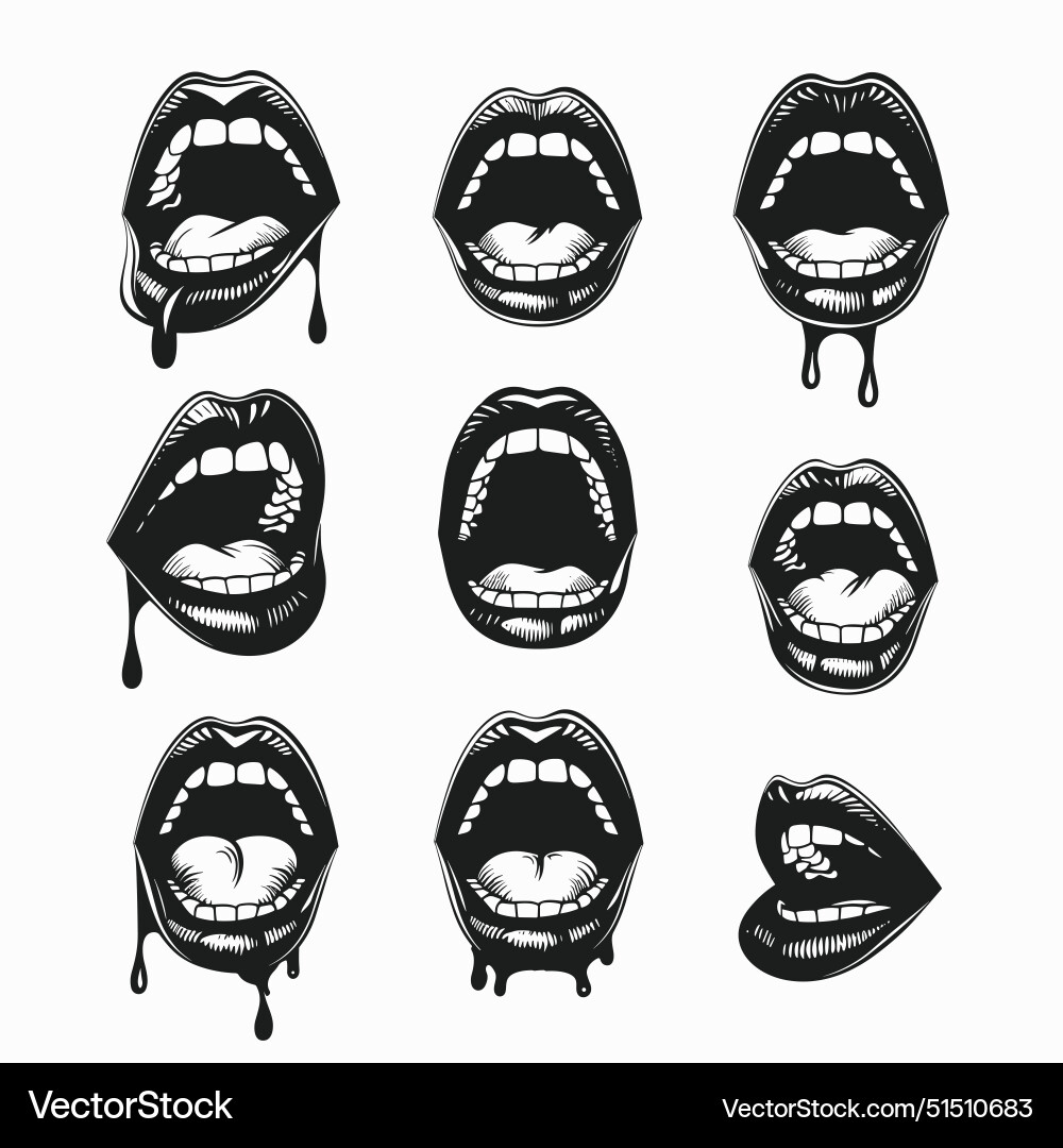 Black white mouth expressions set dripping Vector Image