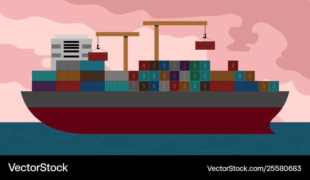 Side view a cargo ship in landscape Royalty Free Vector
