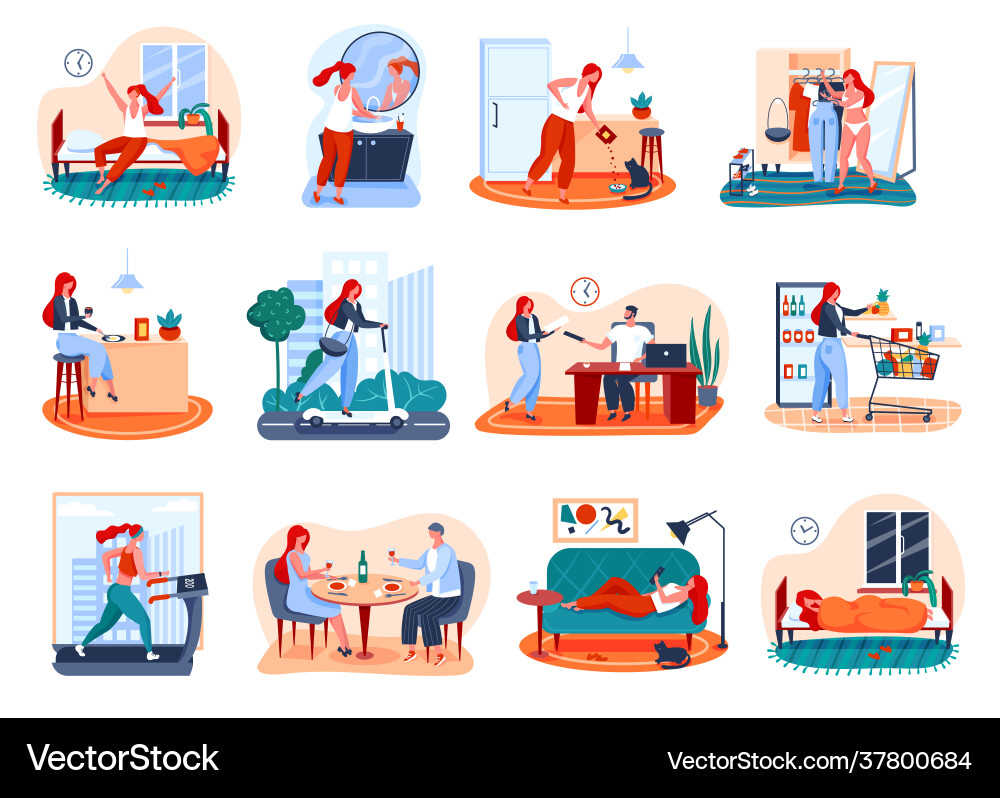 Woman daily routine waking up working going Vector Image