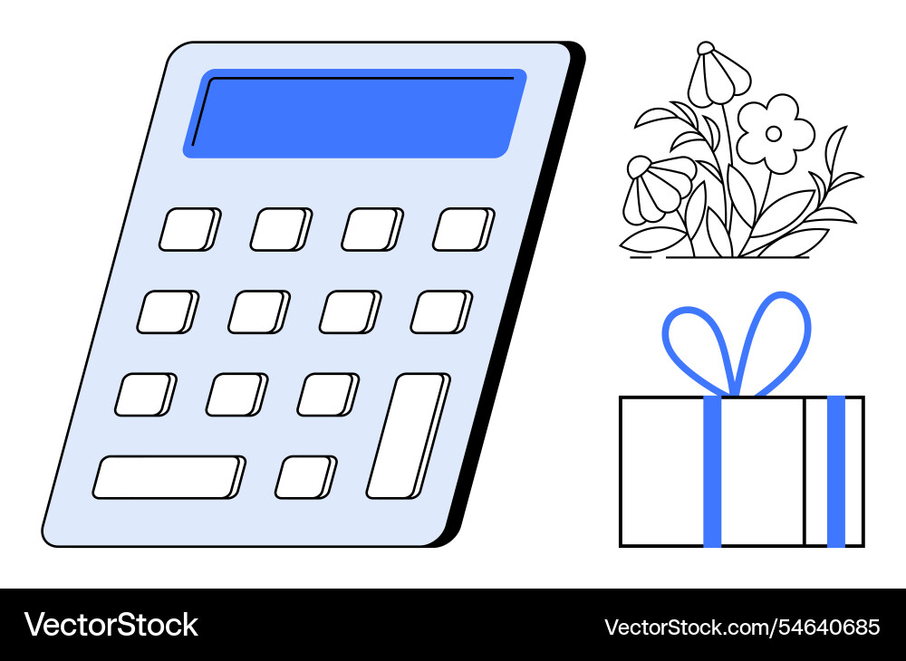 Calculator gift box with bow and flower bouquet Vector Image