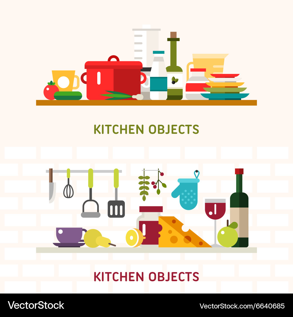 Kitchen appliances and objects cookware food Vector Image