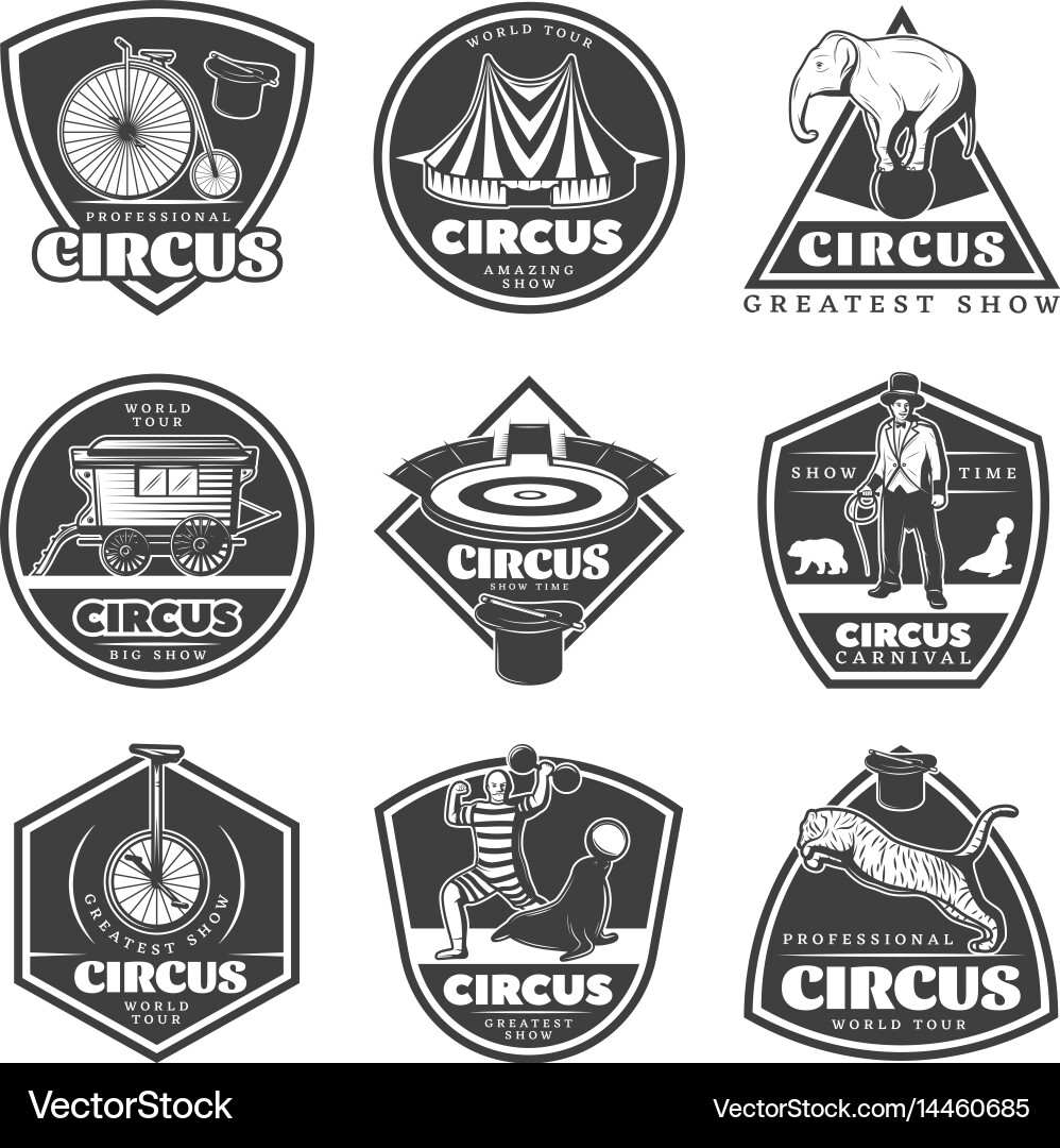 Vintage monochrome circus labels set Royalty Free Vector