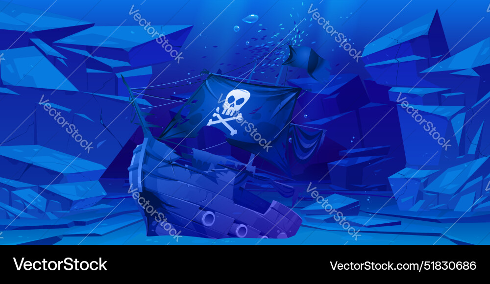 Wrecked pirate ship on rocky sea bottom Royalty Free Vector