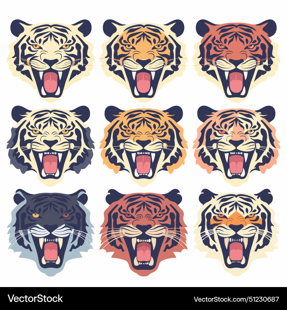 Nine roaring tiger faces different colors angry Vector Image