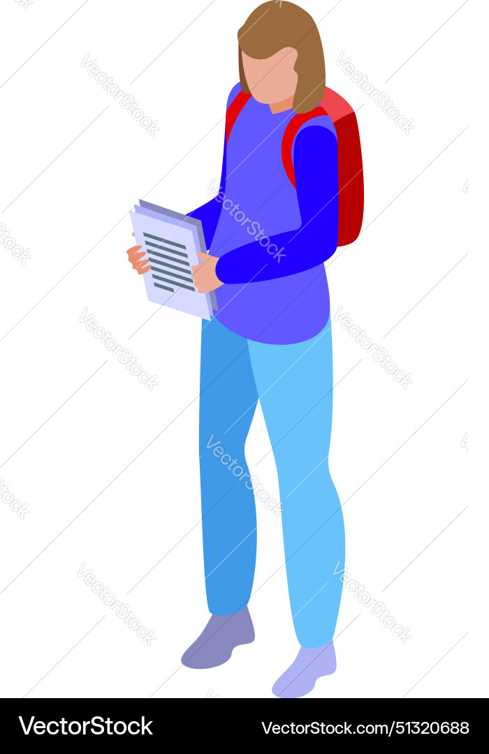Isometric student with backpack reading notes Vector Image